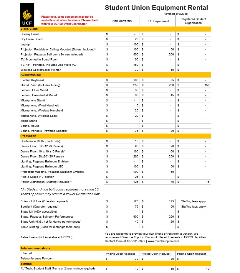 Equipment Rates • Student Union • UCF